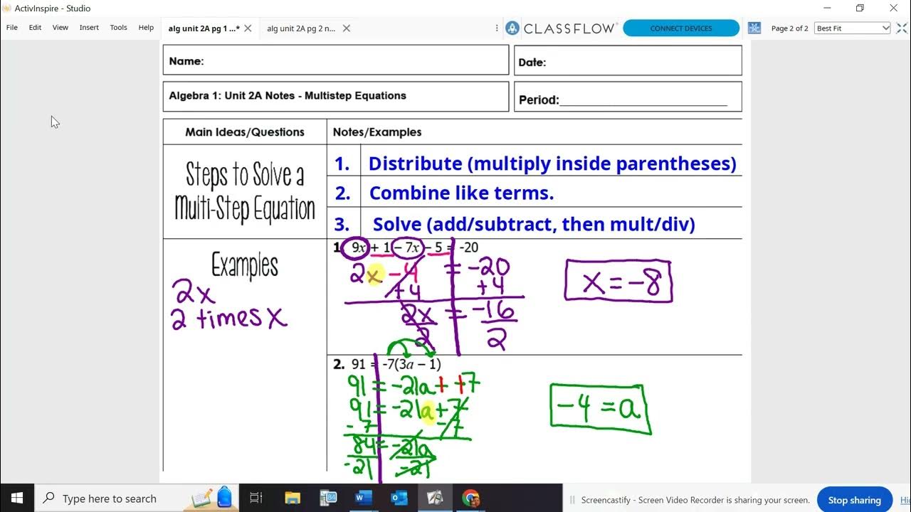 Algebra 1 Unit 2A pg 1 solving multistep equations w/ x on one side ...