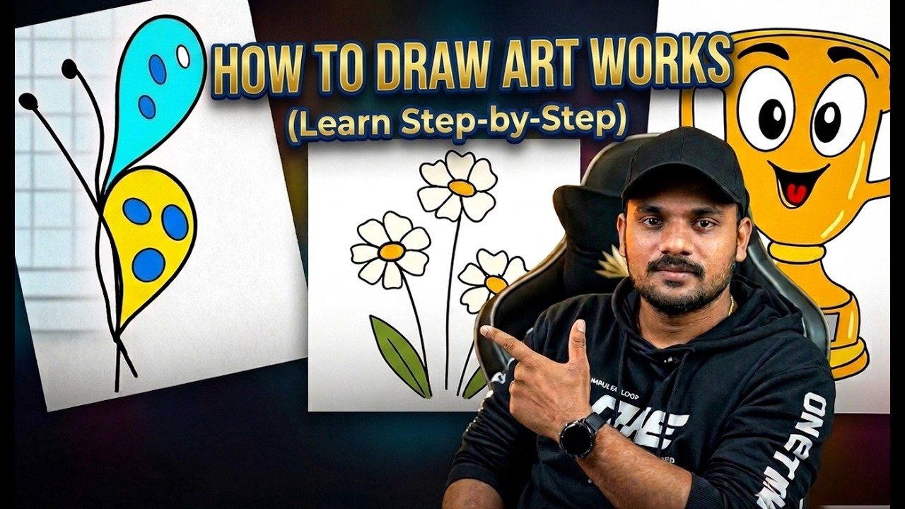 Simple Drawing Art Compilation | Butterfly, Flowers & Trophy Drawing ...