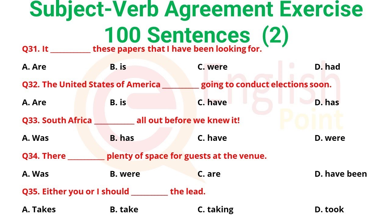 Subject-Verb Agreement Exercise | Most Important 100 MCQs Part - 2 - YouTube