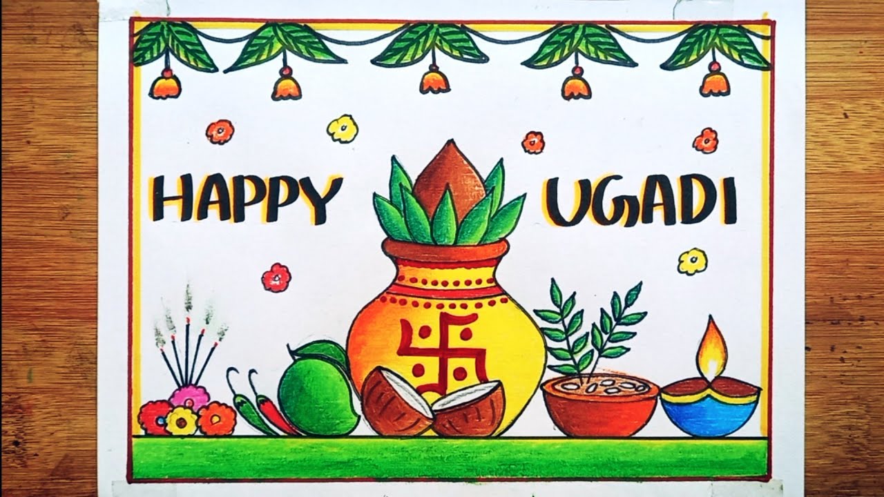 Happy Ugadi Drawing/Ugadi Festival Drawing/How To Draw Ugadi Poster ...