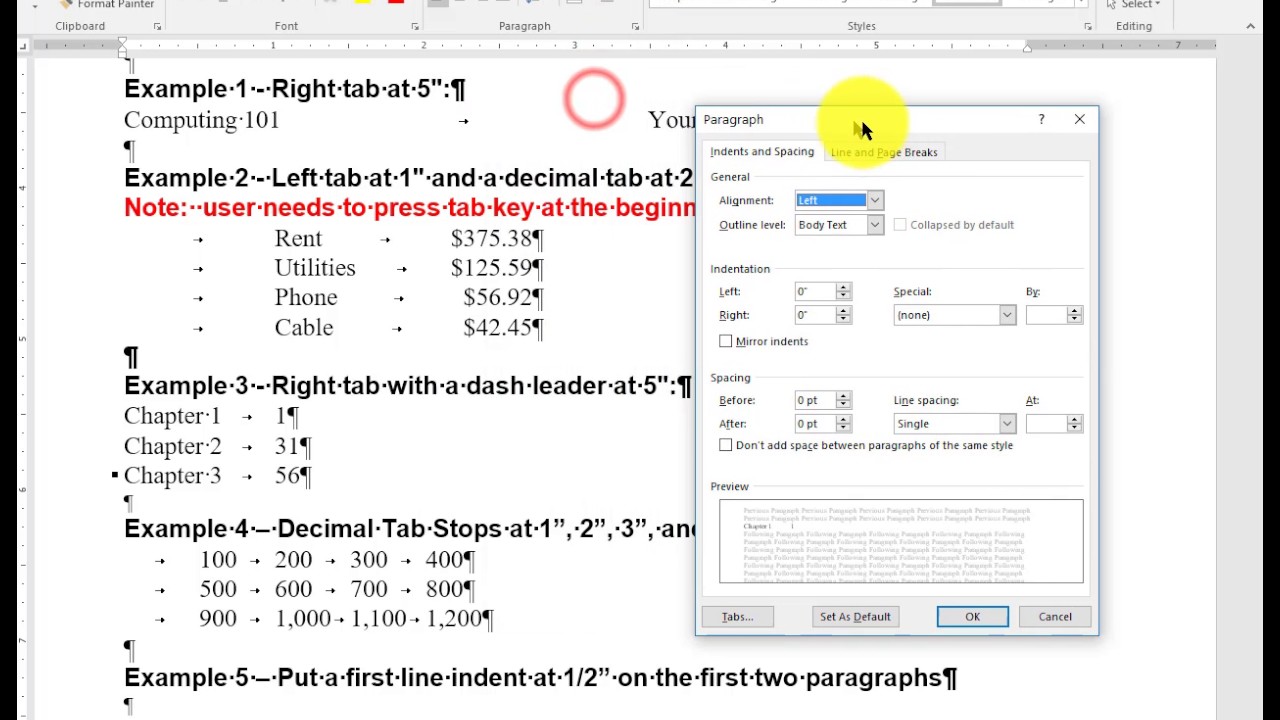 Word 2016 set tabs (works with previous versions) - YouTube