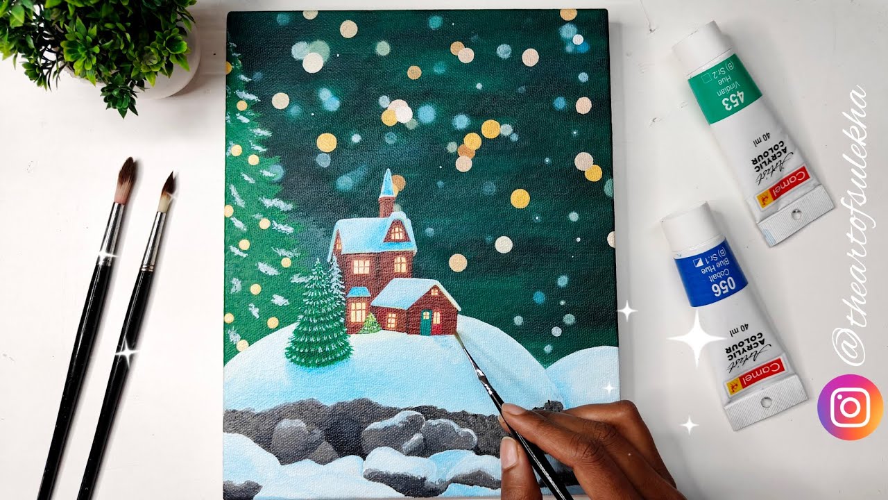 Snowy Winter Night Canvas Painting || winter Landscape Painting - YouTube