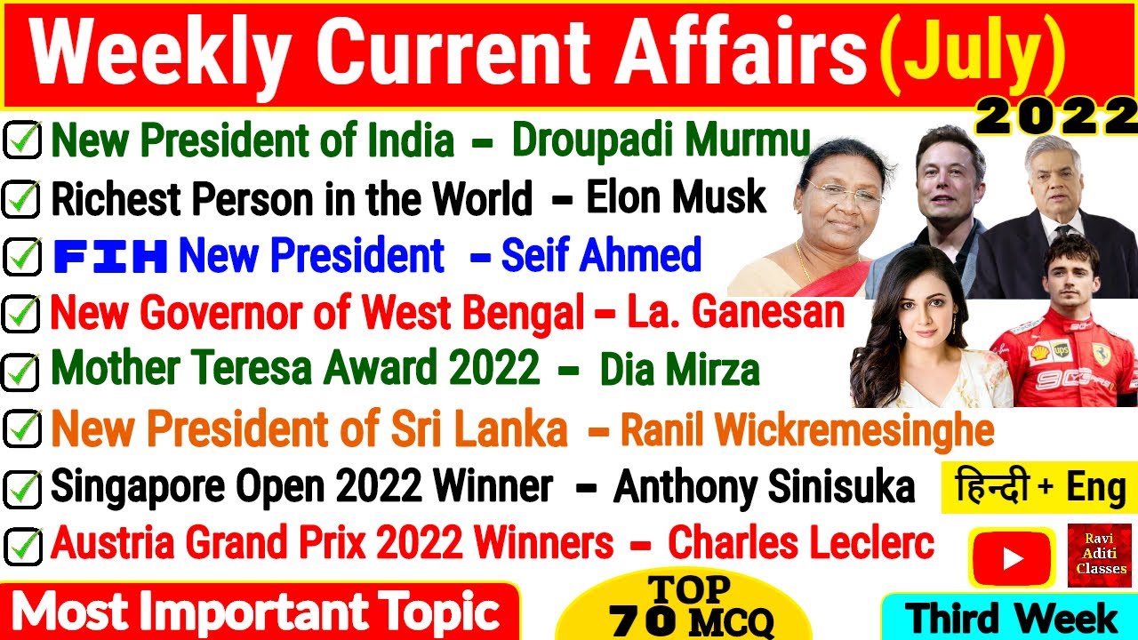 Weekly Current Affairs 2022 | July Third Week | Current Affairs 2022 in ...
