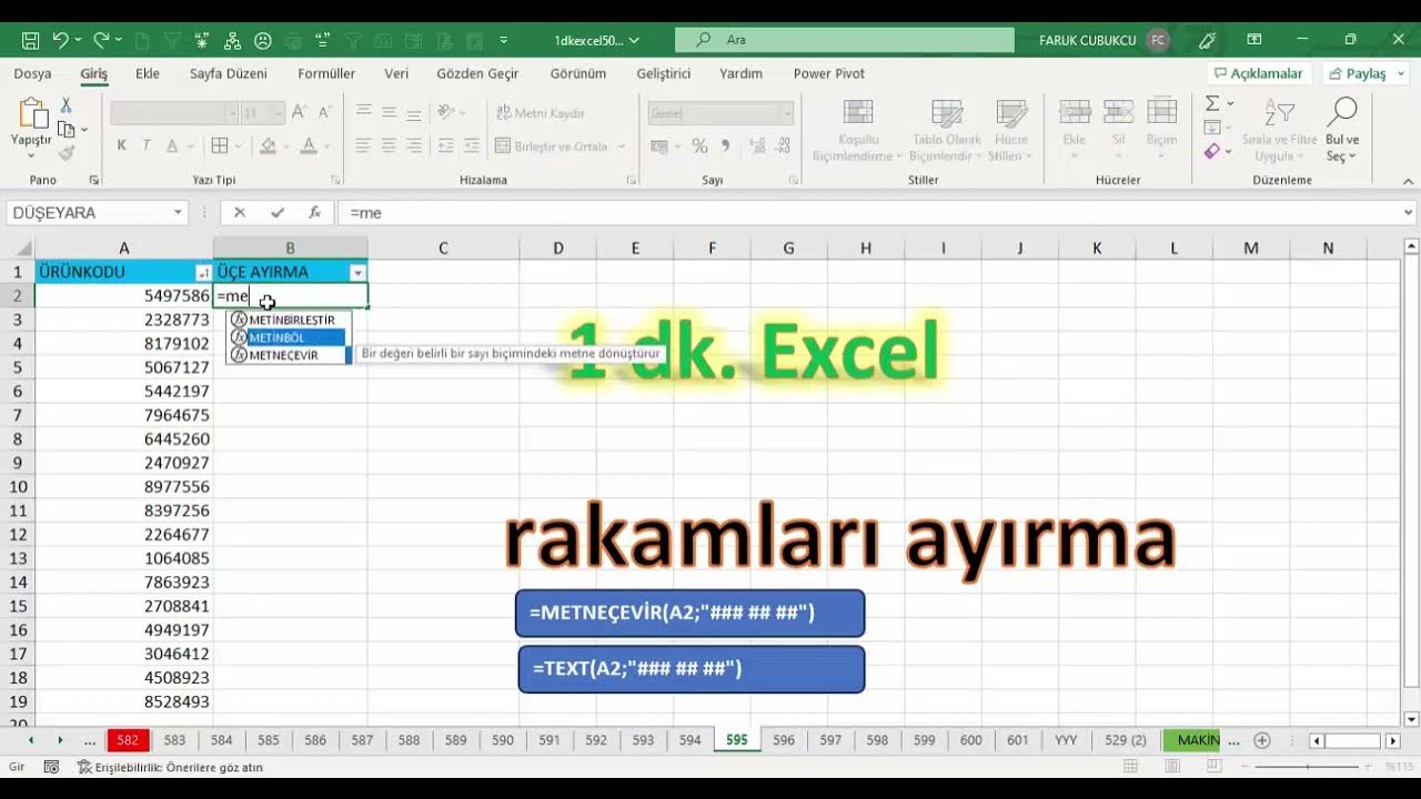 Excel 1 Dakika - Rakamları Ayırma - YouTube
