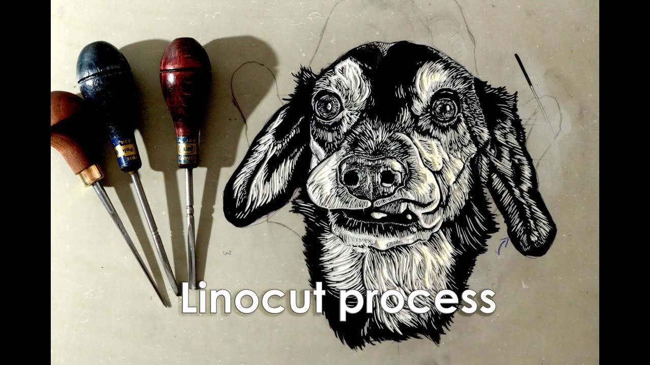 Linocut Process: Charlie | From carving to printing - YouTube