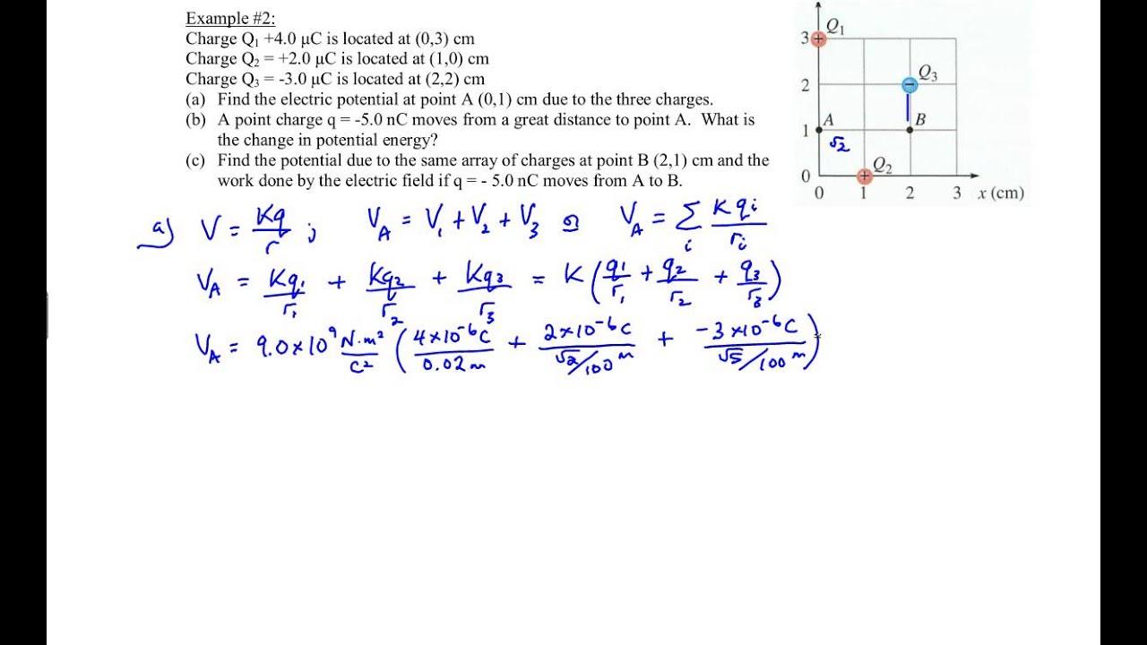 Chapter 19, example #2 (Potential due to Three Point Charges) - YouTube