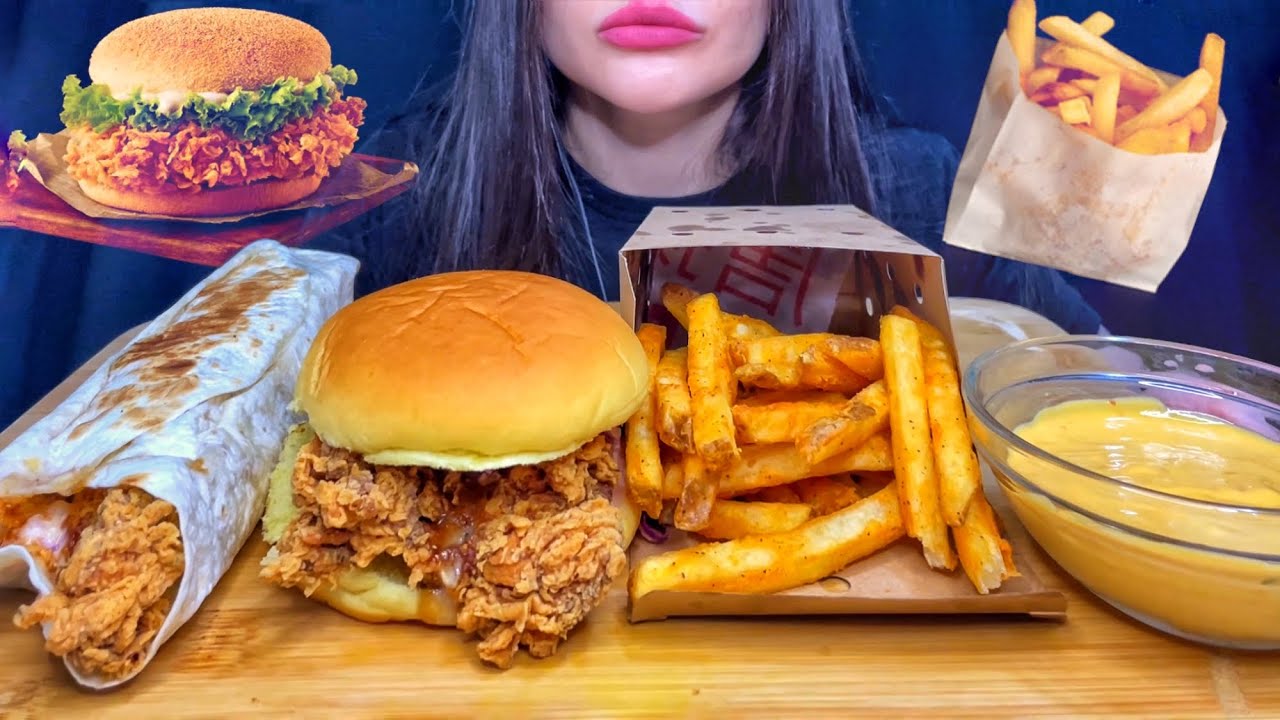 ASMR CRISPY CHICKEN BURGER + FRIES | FAST FOOD MUKBANG - YouTube