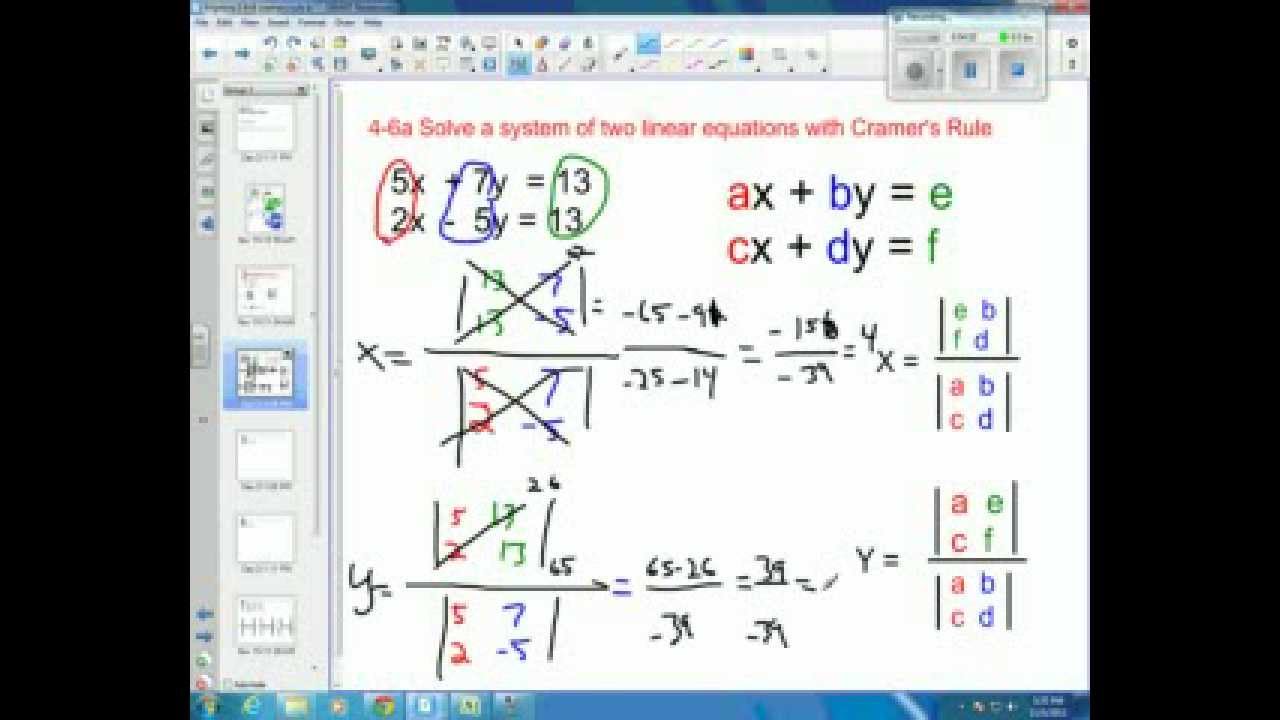 Algebra 2 4 6b cramer's rule to solve system of two equations - YouTube