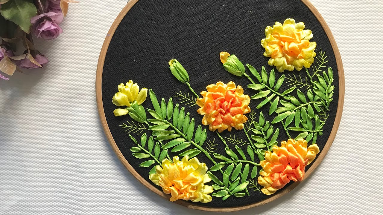 Marigold Flower Ribbon Embroidery | Ribbon Embroidery Design - YouTube