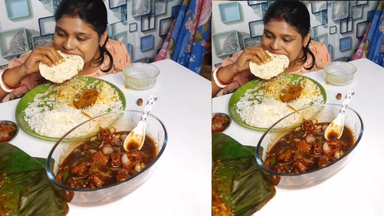 eating huge chilli chicken, Kokila fish curry, achar, chatni, papad ...