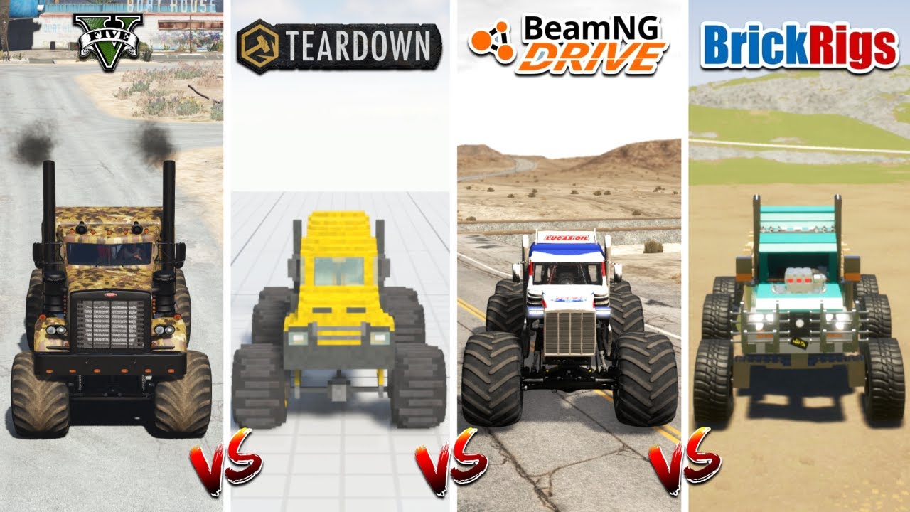 MONSTER SEMI TRUCK in GTA 5 vs TEARDOWN vs BEAMNG DRIVE vs BRICK RIGS ...