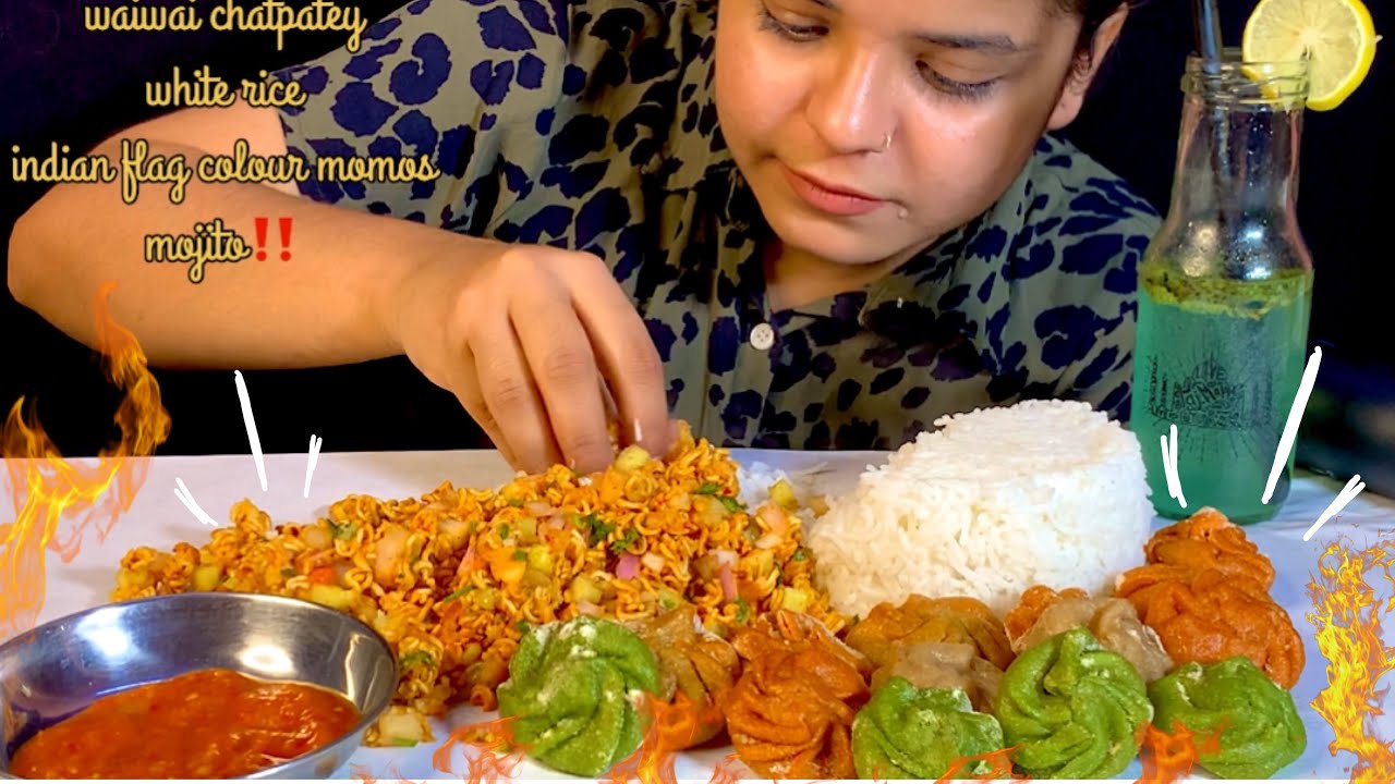 EATING FLAG COLOUR MOMOS WITH SPICY CHUTNEY,WAIWAI CHATPATEY,RICE ...