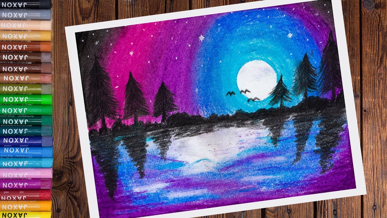 How to Draw Colorful Moonlight Night Easily by Oil Pastel Color - YouTube