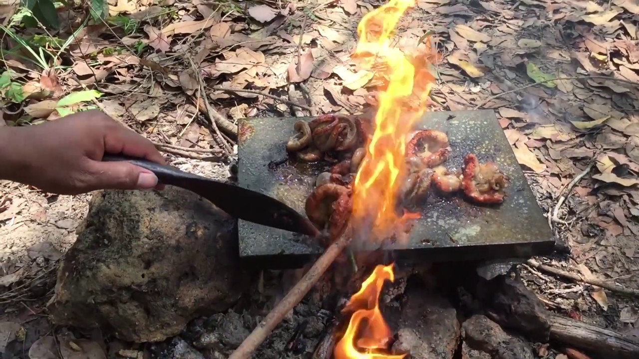 Cooking Pig Intestines on Rock - grilled pig Intestines eating ...