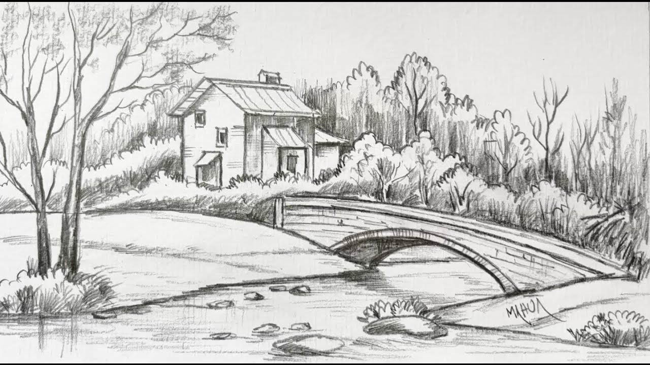 How to draw Bridge Landscape in Pencil Shading | Pencil Shading | Step ...