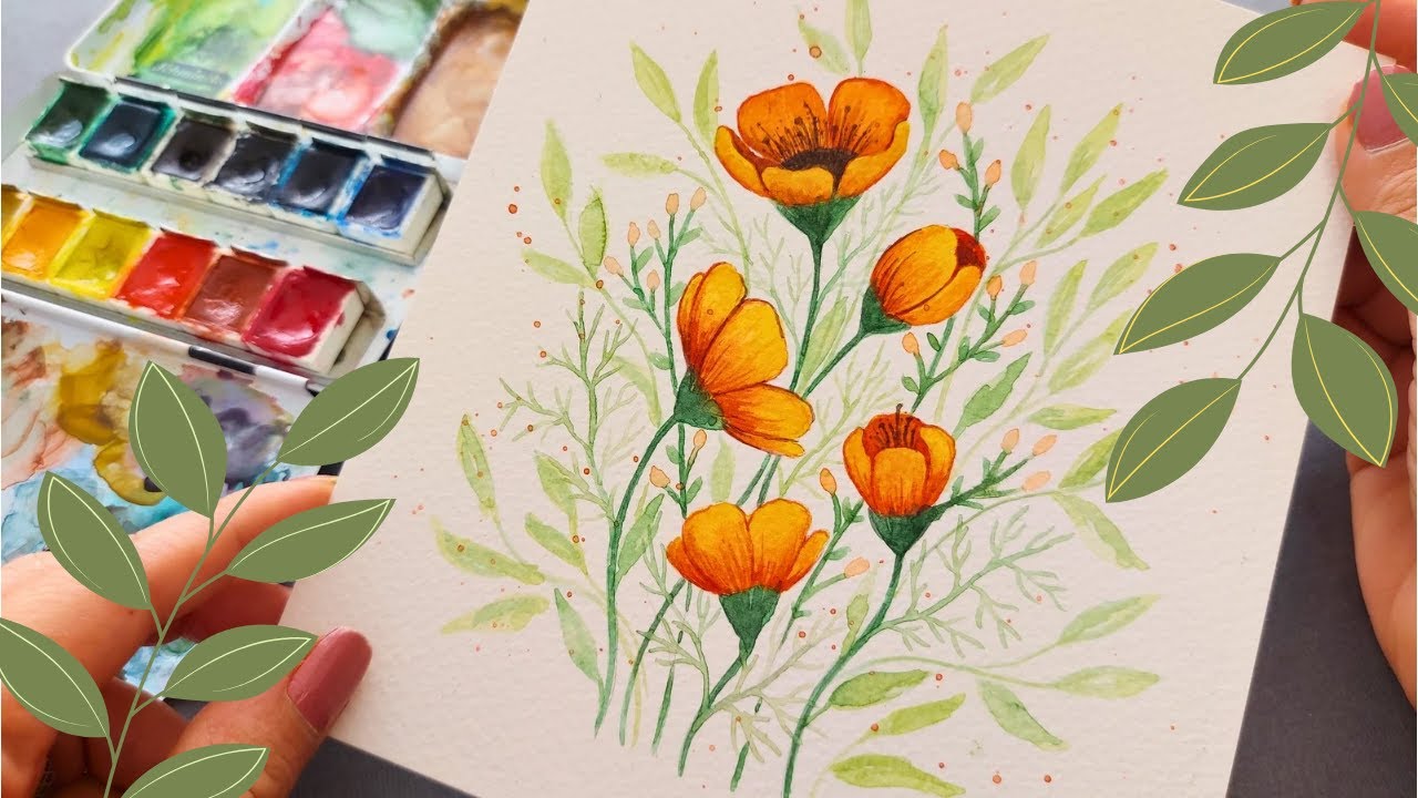 How to draw anemones with watercolors/easy flower and leaf painting ...