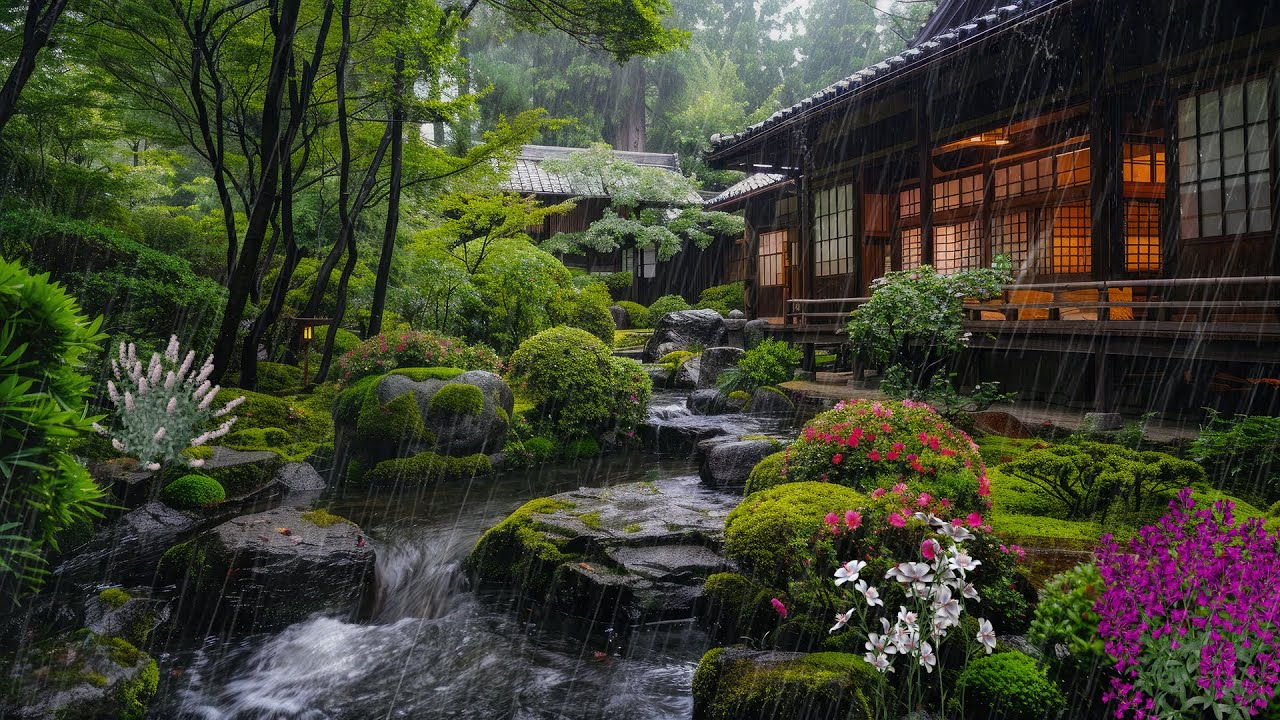 The Sound of Rain Falling By The Stream Between Traditional Japanese ...