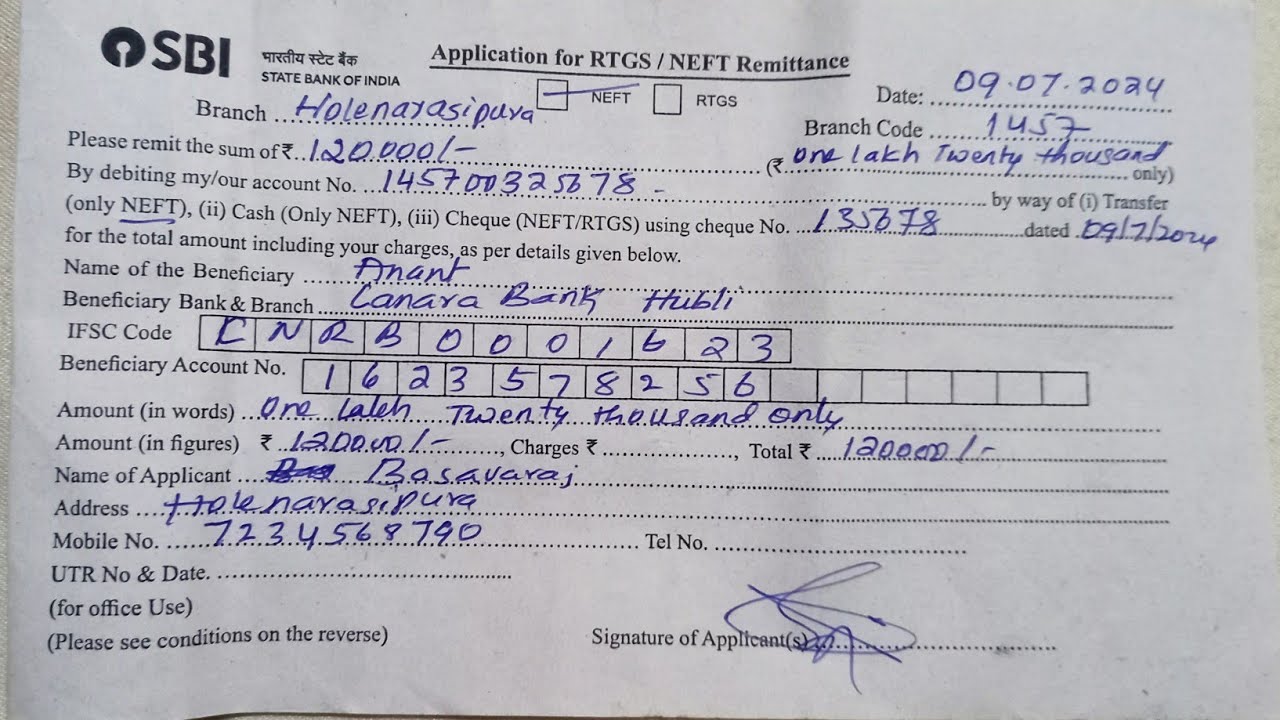 how to fill SBI Bank NEFT/RTGS form | RTGS ಬರೆಯುವುದು ಹೇಗೆ - YouTube