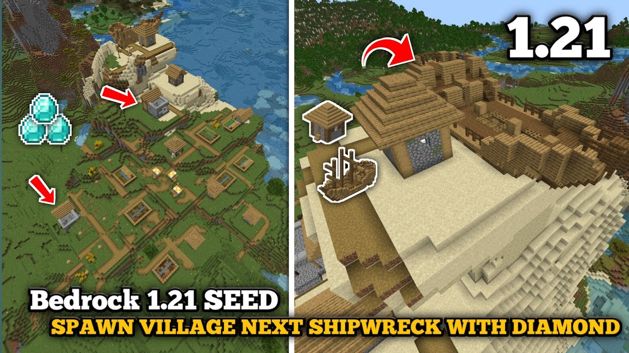 [Bedrock Seed] Minecraft 1.21 Seed - Spawn Village next Shipwreck with Diamond - Seed Bedrock 1. ...