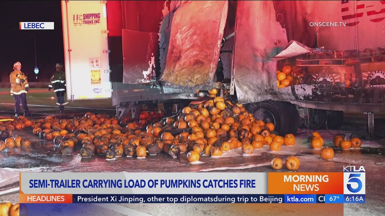 Semi-truck filled with pumpkins bursts into flames on 5 Freeway - YouTube
