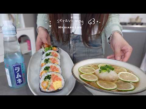 vlog:❄️🍜더운 날 생각나는 시원한 레시피와 집에서 즐기는 여름 축제 길거리 음식🏮|라임 냉우동,후토마키,타코야키,초코바나나,팬케이크,눈꽃만두,라멘,장어덮밥,도리토스 치킨