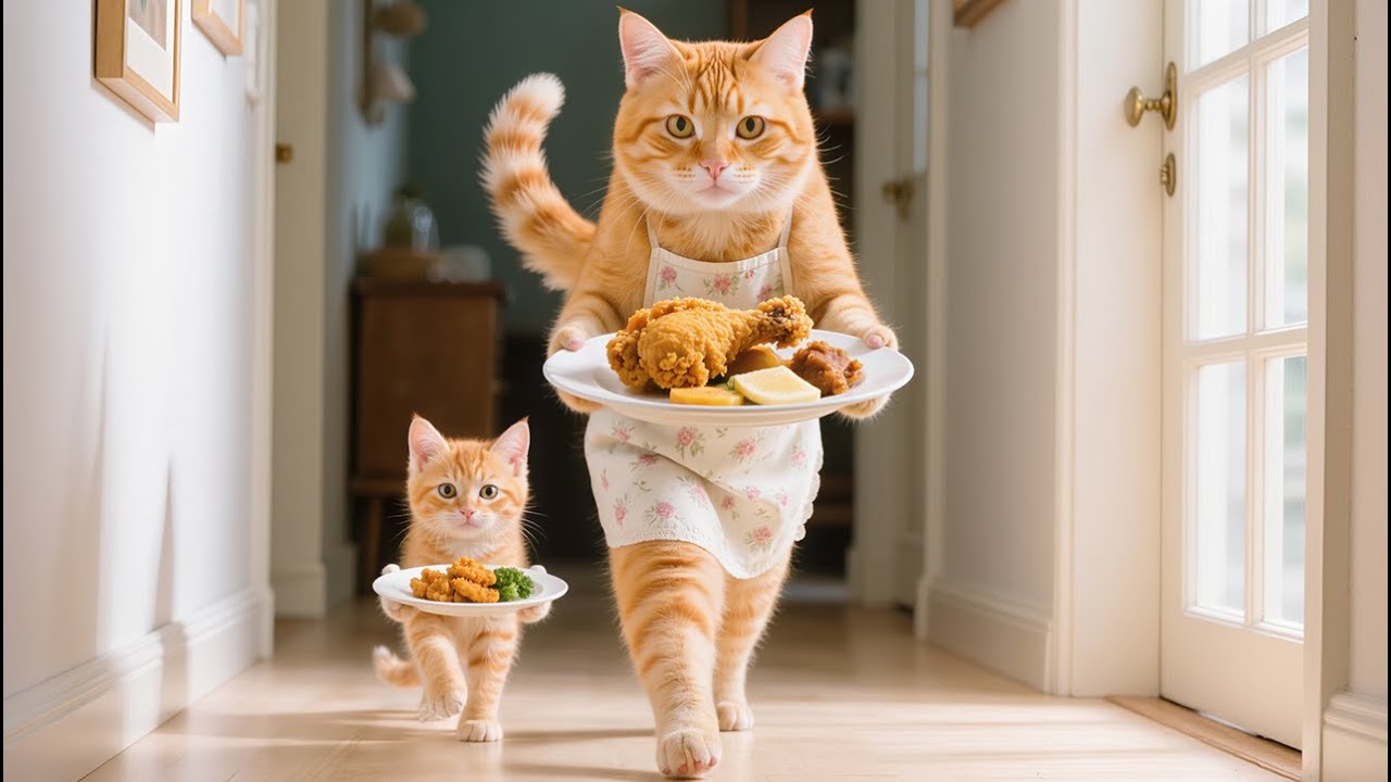 Kitten Craves Fried Chicken and Mama Cat Quickly Cooks a Crispy ...