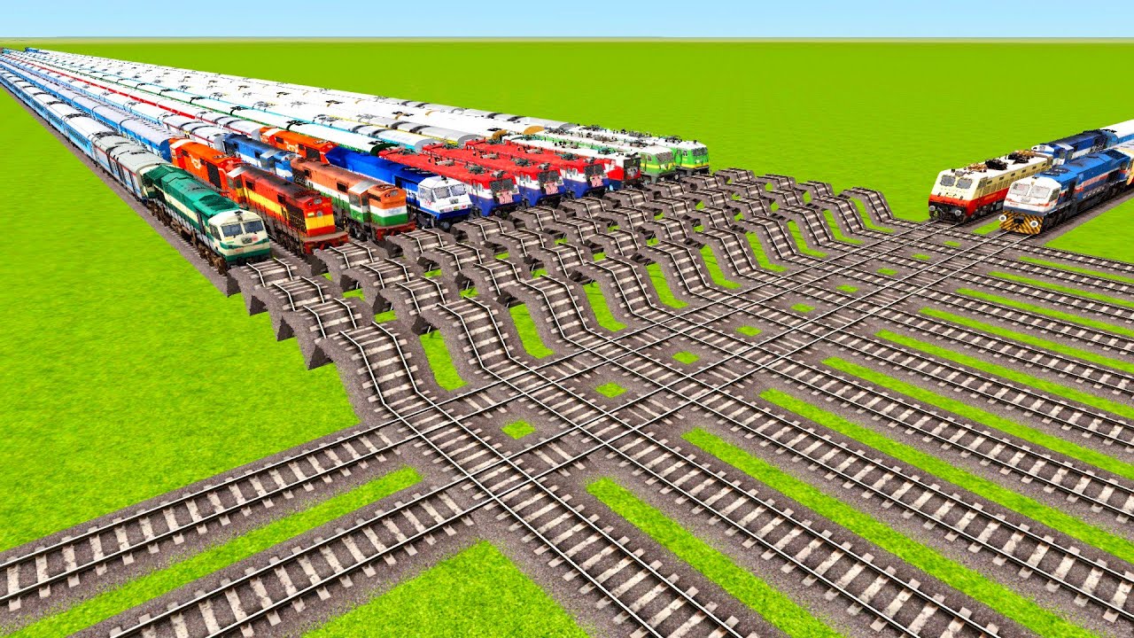 A BUNCH OF TWELVE HIGH SPEED TRAINS VS STATIONARY TRACKS AND PLAIN ...