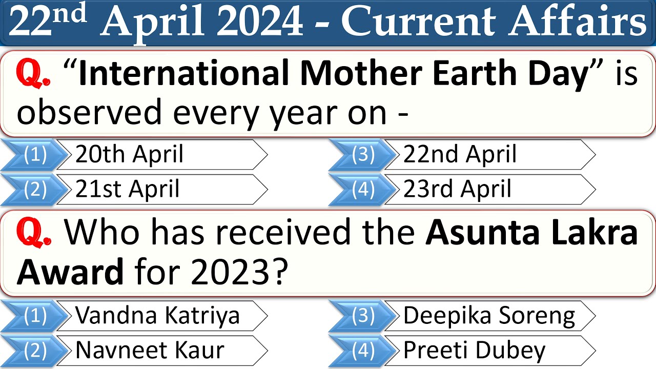 22nd April 2024 || Top 12 Current Affairs MCQ with Explanation in ...