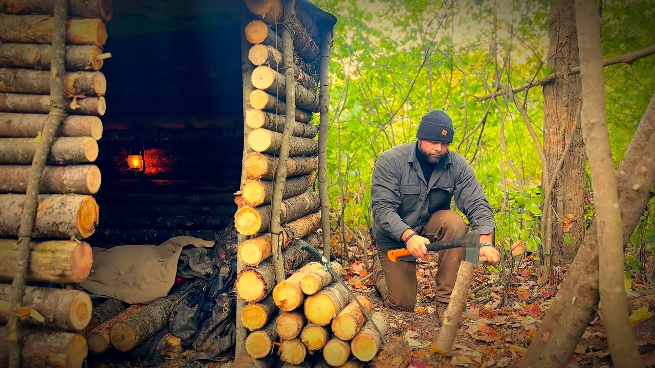 2 Day SOLO Adventure - Building a log hut in the woods, Wood Stove ...