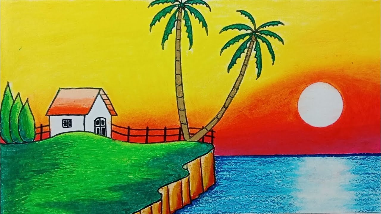 របៀបគូរគំនូរទេសភាពងាយៗ How to draw easy scenery with oil pastels|Draw ...