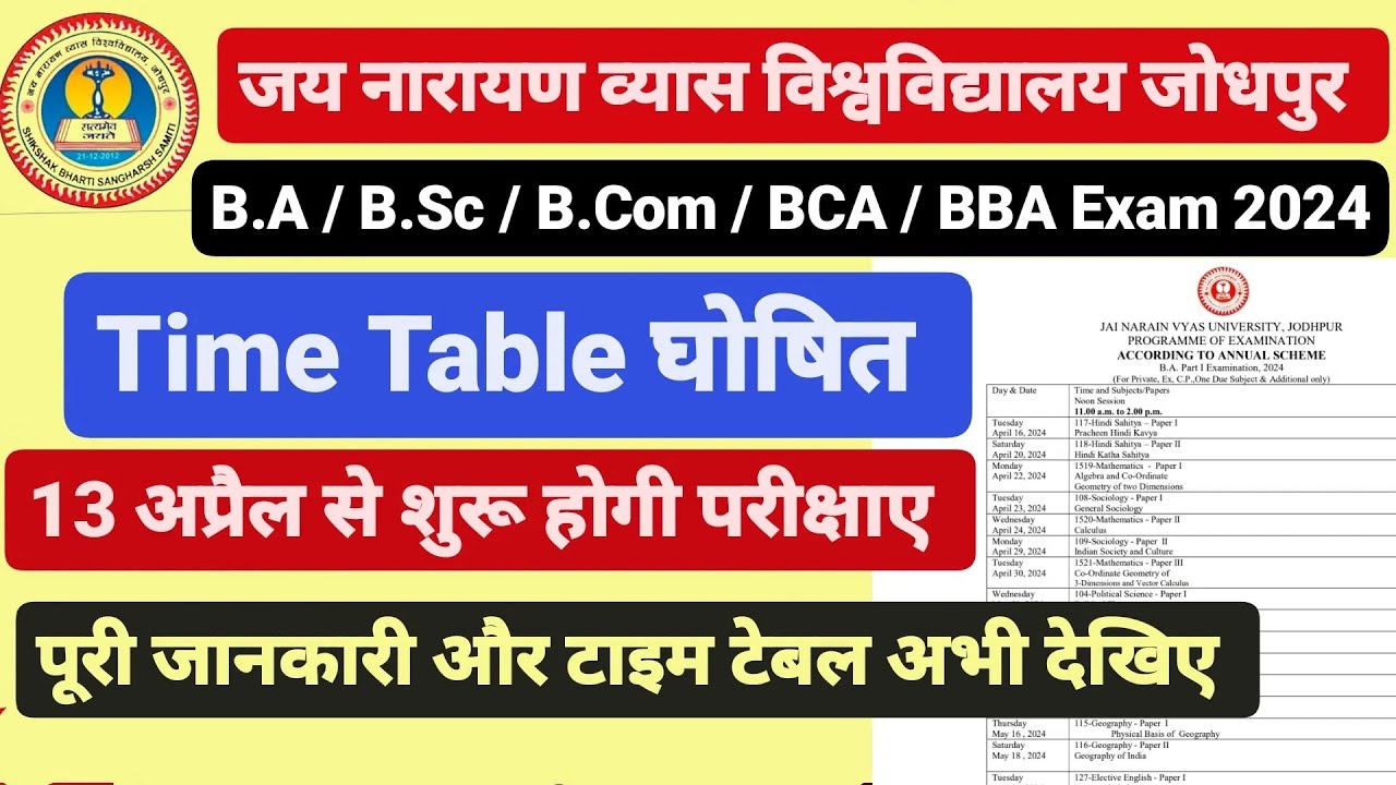JNVU जोधपुर । Exam - 2024 Time Table B.A / B.Sc /B.Com/BCA/BBA 1st ...