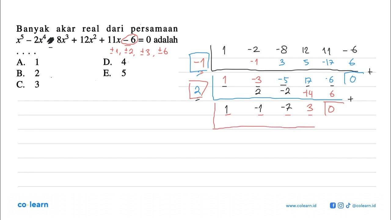 banyak-akar-real-dari-persamaan-x-5-2x-4-8x-3-12x-2-11x-6-0-adalah