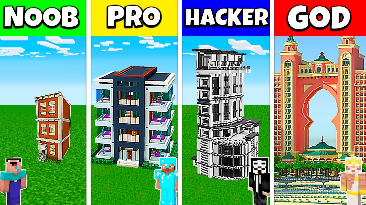 Minecraft Battle: NOOB vs PRO vs HACKER vs GOD: HOTEL SKYSCRAPER HOUSE ...