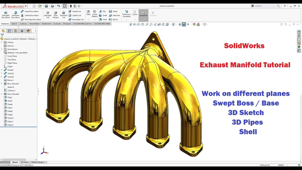 SolidWorks Tutorial | Advanced Exhaust Manifold (3D tubing) - YouTube