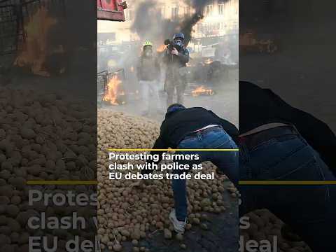 Protesting farmers clash with police as EU debates trade deal | AJ #shorts