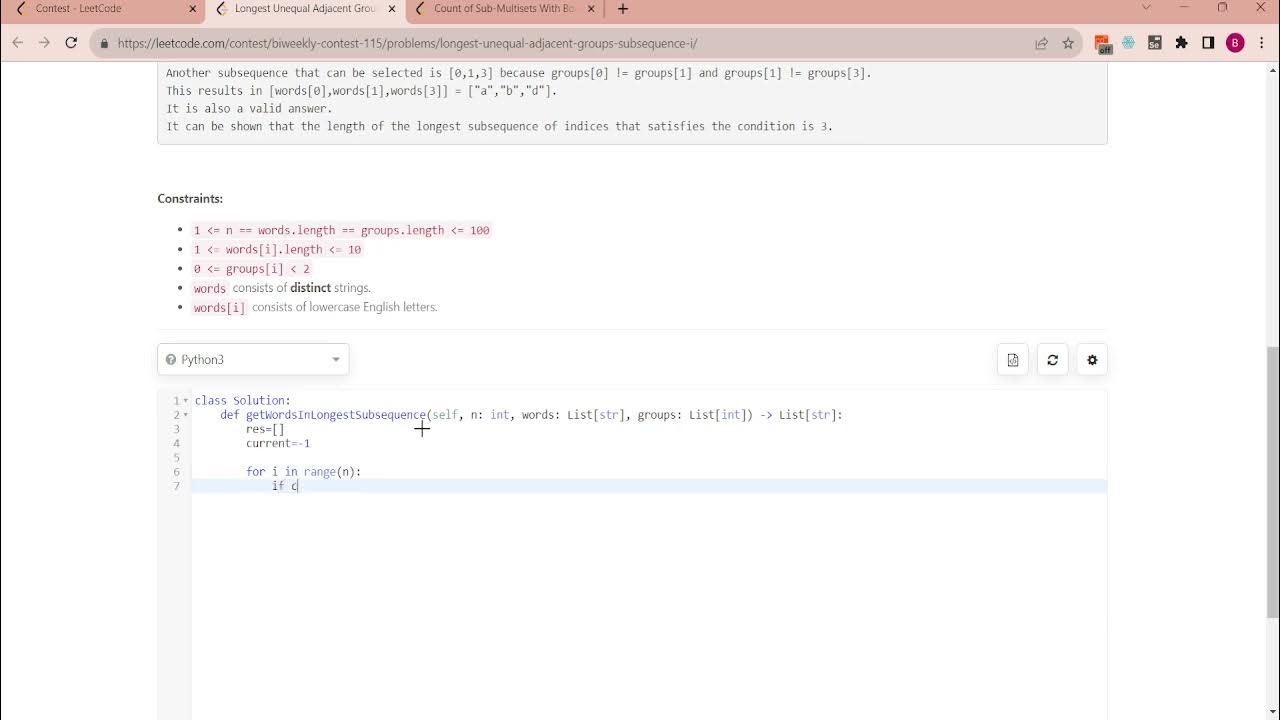 Leetcode Biweekly Contest 115 | 100078. Longest Unequal Adjacent Groups ...