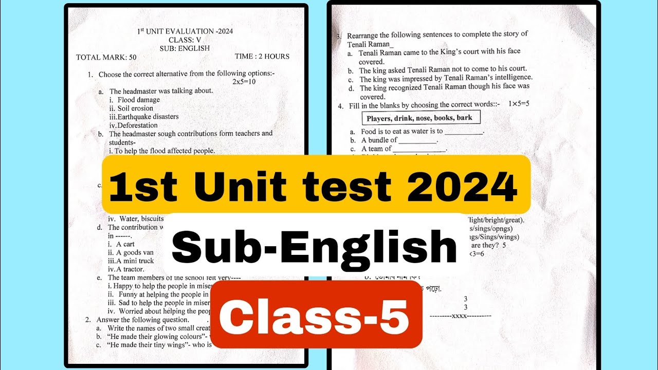 Class-5, 1st Unit Test English Question Paper 2024|| Class 5 English ...