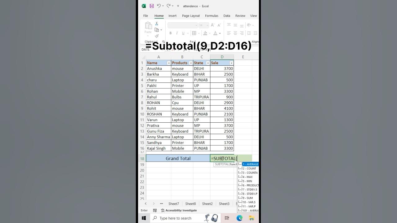Excel pro trick😎| subtotal in excel #shorts #ytshorts #excel #exceltips #exceltricks #msexcel ...
