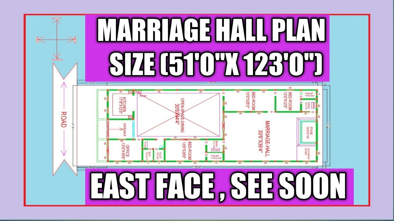 Architectural Marriage Hall Plan SIZE(51'0"x123'0")|| Auto cad Marriage ...