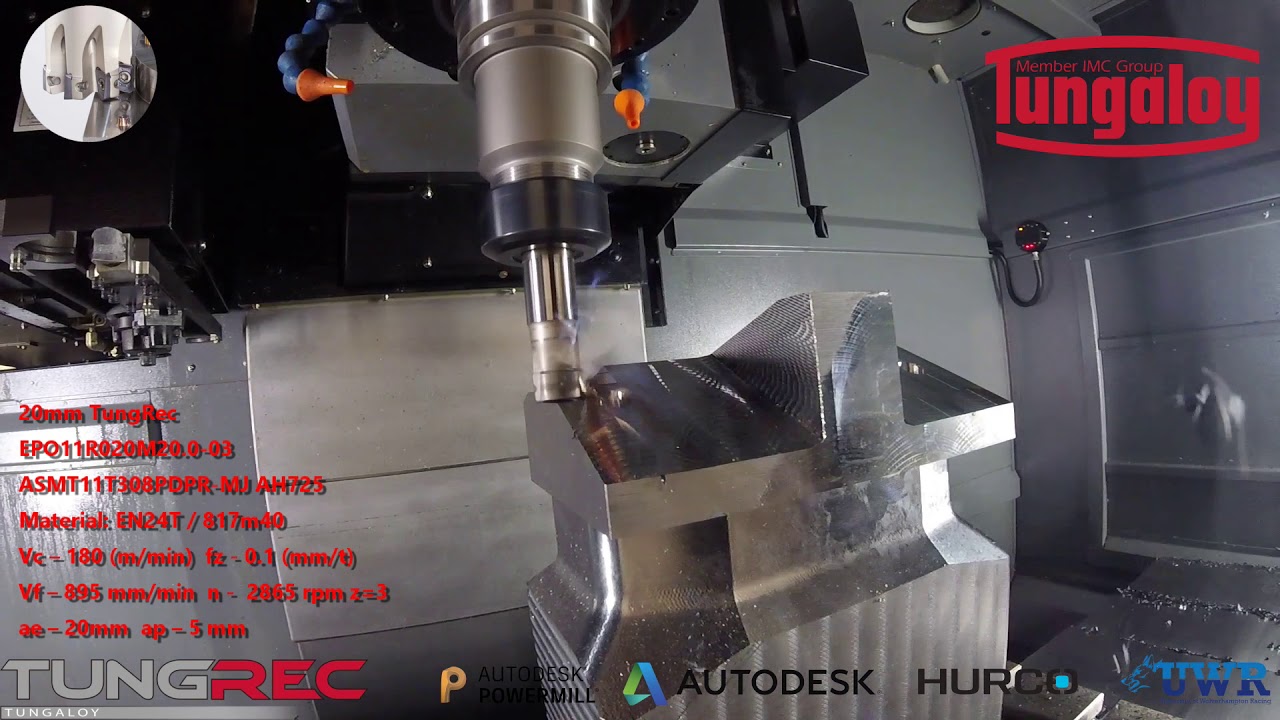 Roughing EN24T with 20mm TungRec from Tungaloy with PowerMill - YouTube