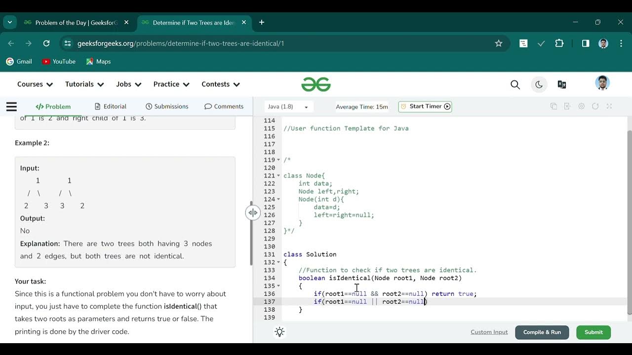 Coding Interview Prep: Identical Binary Trees | GeeksforGeeks Practice | Problem Solving Guide ...