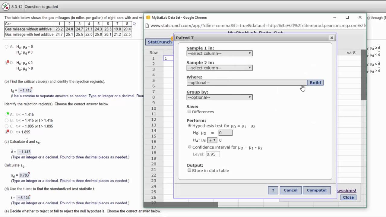 Solve a Paired-Sample Hypothesis Test using StatCrunch - YouTube