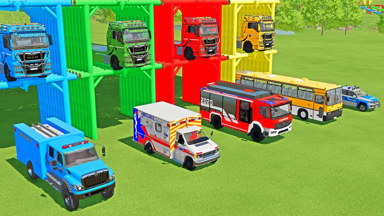 TRANSPORTING FIRE DEPARTEMENT, BUS, FIRE TRUCK, POLICE CAR WITH CARRIER ...