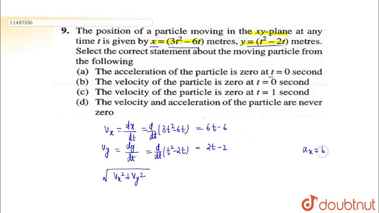 The position of a particle moving in the xy plane at any time t is given by `x=(3t^2-6t)` metres ...