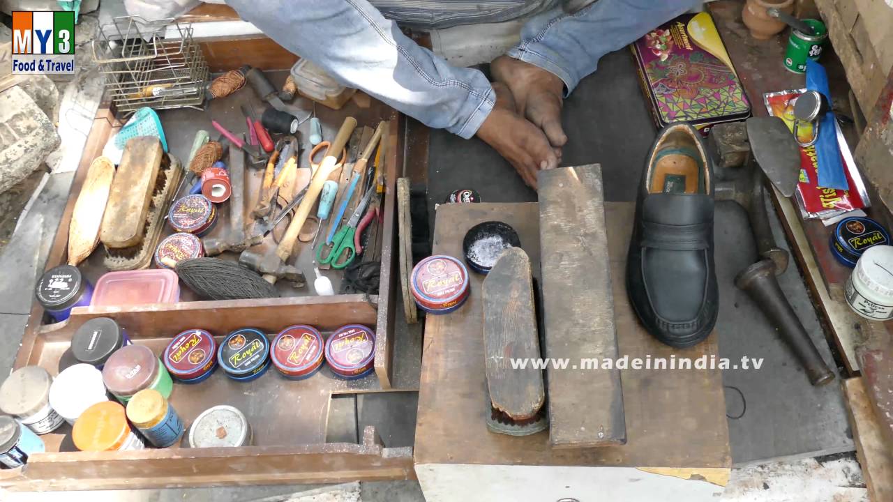 Roadside shoe polisher | An Indian Cobbler Prepares Coloured Shoe ...