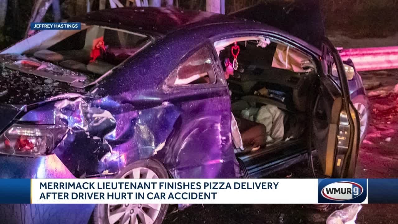 Merrimack police lieutenant delivers pizza after driver crashes - YouTube