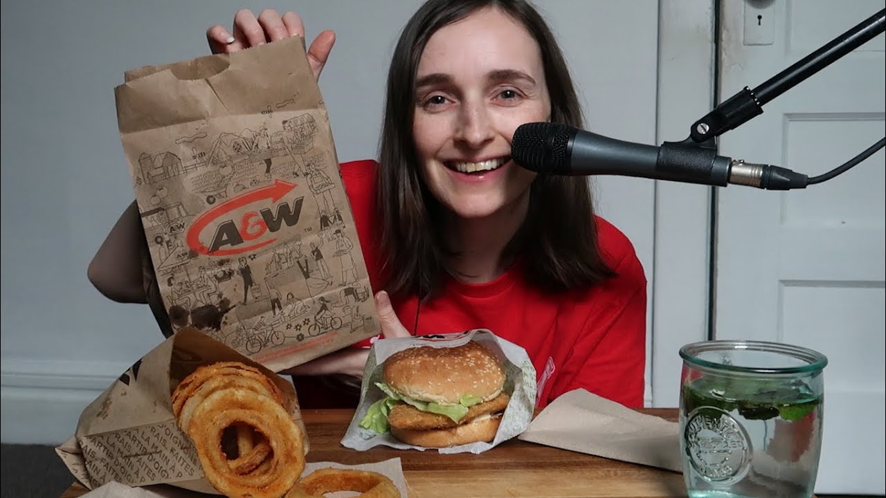 Eating A&W Chubby Chicken Cruncher & Onion Rings ~ Whispered ASMR - YouTube