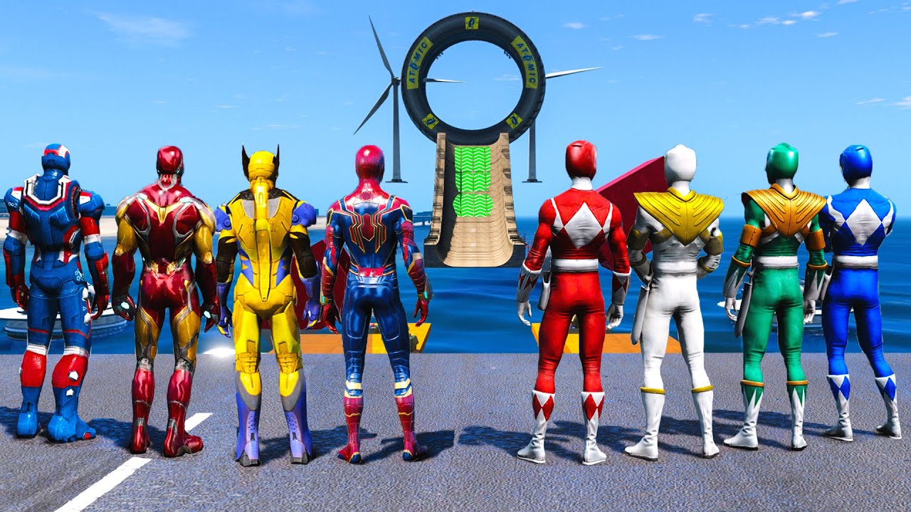 IRONMAN SUITS VS POWER RANGERS | All Superheroes Racing Challenge Sea ...