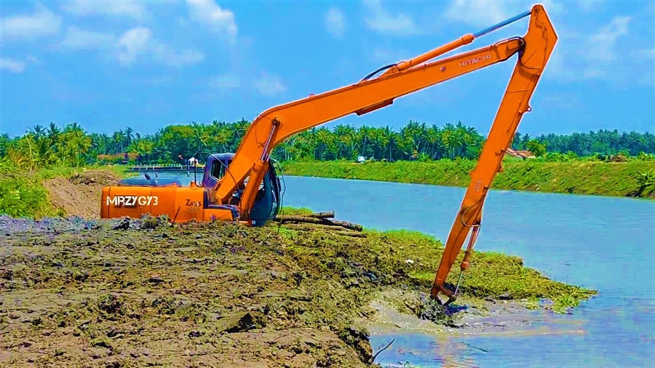 River Digging Using Long Reach Excavator By The operator Hitachi Zaxis ...