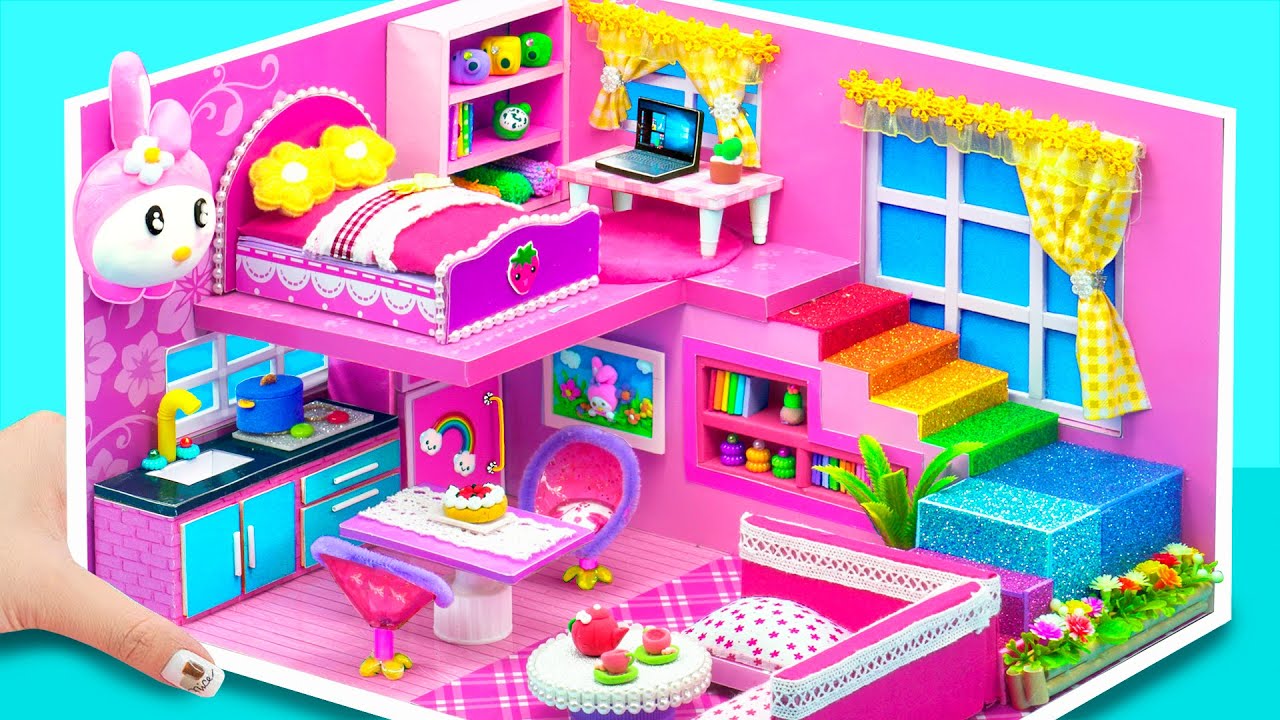 DIY Miniature Cardboard House #11 | Build Wonderful 2-Storey Pink House ...